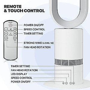mollie 38-Inch Quiet Oscillating Bladeless Tower Fan Remote Control Bedroom Office Home Room Indoor 9H Timer 10-Speeds Modes Electric Household Summer Cooling Floor Standing Leafless Fan White