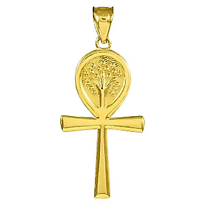 14K Yellow Gold 1-3/8" Hybrid Ankh & Tree of Life Design Egyptian Key of Life with Yggdrasil Pendant Charm