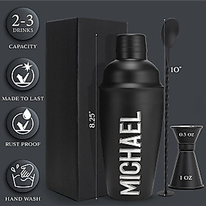 Custom Bartender Kit, Engraved Cocktail Shaker Set, Personalized w/Name, 18 Oz Black Stainless Steel Martini Shaker w/Strainer, Jigger & Spiral Cocktail Spoon, Gifts for Men