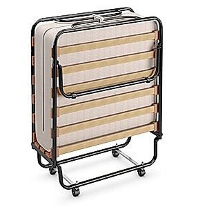 KOMFOTT Folding Rollaway Bed with Mattress, Foldable Bed with Memory Foam Mattress for Adults, Portable Fold Up Guest Bed with Sturdy Steel Frame on Wheels for Home & Office, Made in Italy (Beige)