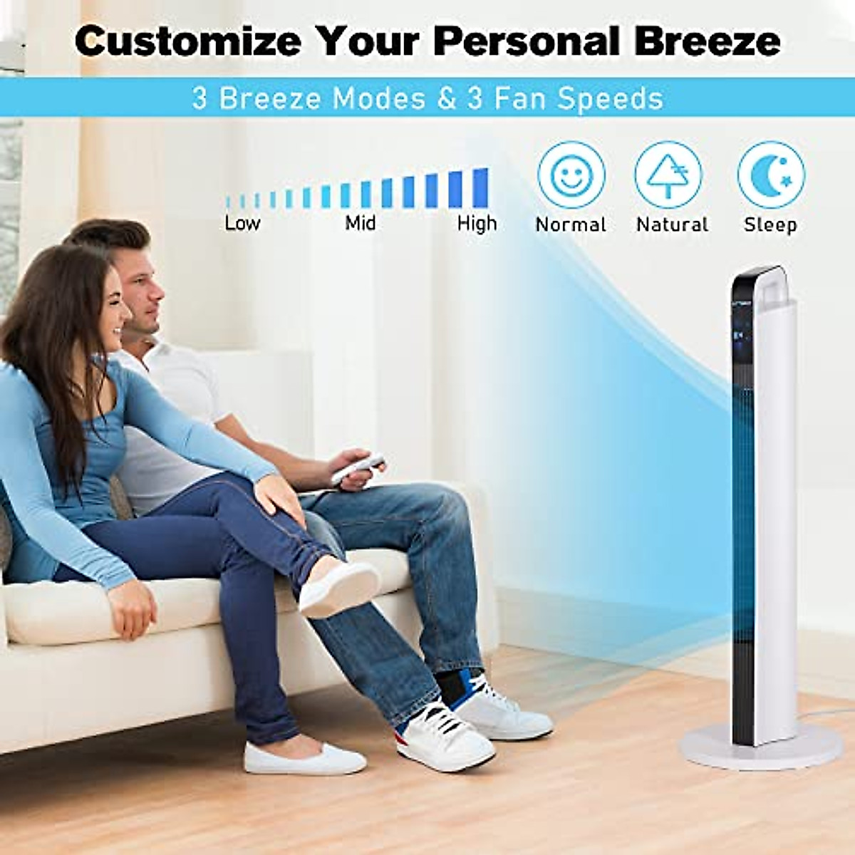 E-Macht Tower Fan 35 Inch Oscillating Fan, Bladeless Floor Fans with 3 Speeds, 3 Modes, 80° Oscillating, 8H Timer, Remote Control & LED Display Standing Fans for Home Room Office