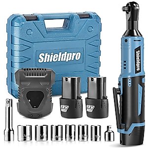SHIELDPRO Cordless Electric Ratchet Wrench Kit,40Ft-lb 3/8" Power Ratchet Wrench 1-Hour Fast Charge,2 Packs 2000MA Lithium-Lon Battery,1/4 Adaptor,Extension Bar