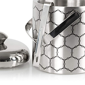 Stainless Steel Ice Bucket With Ice Molecule Pattern | A Fun Way To Keep Your Ice Cold & Frozen | Includes Set Of Ice Tongs