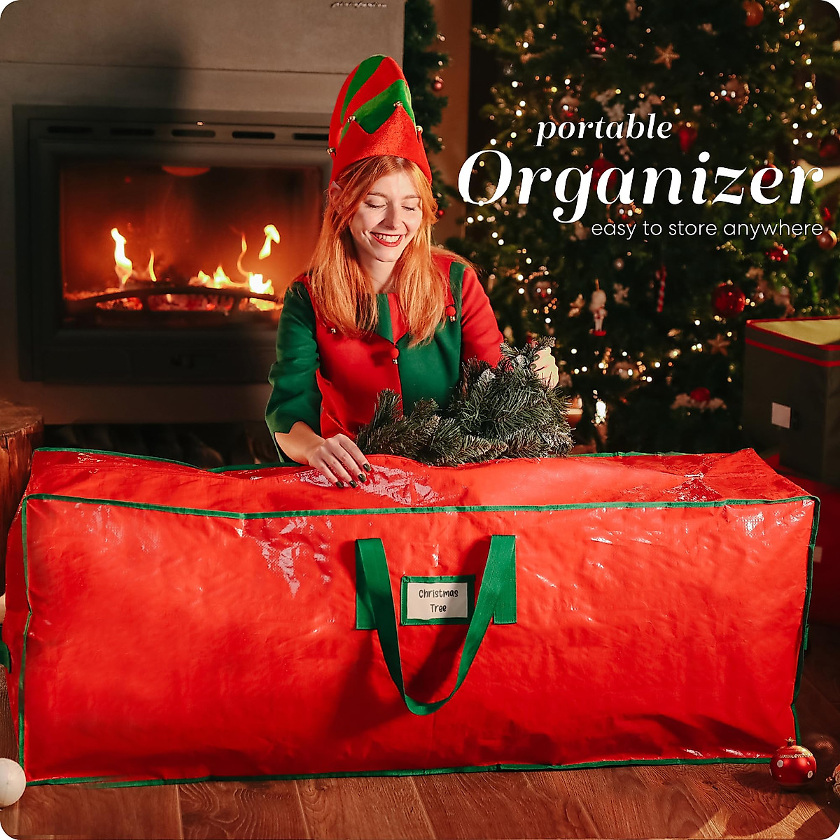 Christmas Tree Storage Bag - Stores a 9-Foot Artificial Xmas Holiday Tree. Durable Waterproof Material to Protect Against Dust, Insects, and Moisture. Zippered Bag with Carry Handles. (Red)