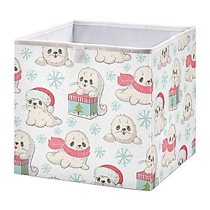 Kigai Cute Christmas Animal Cube Storage Bin, Large Foldable Organizer Basket for Toys, Shelves, Laundry, Nursery -11 x 11 x 11 in