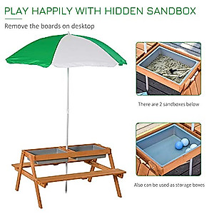 Outsunny Kids Picnic Table with Umbrella and Storage Inside, Sand and Water Table, Kids Outdoor Furniture, Wooden Bench Backyard Furniture for Garden, Patio, or Balcony