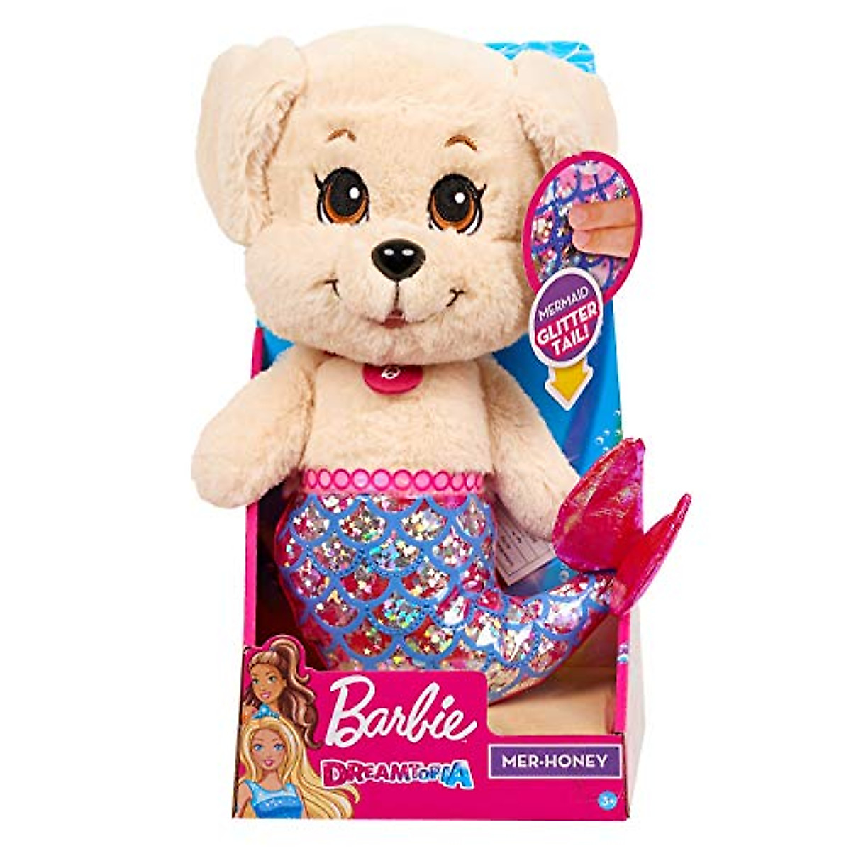 Barbie Dreamtopia Mer Puppy Plush Honey, Soft Stuffed Animal with Floating Glitter Mermaid Tail