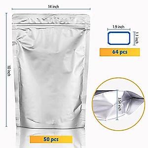 50Pack Mylar Bags for Food Storage With Label Stickers 9.4 Mil 10"x14" Extra Thick Resealable Bags for Nuts, Coffee, Tea Storage