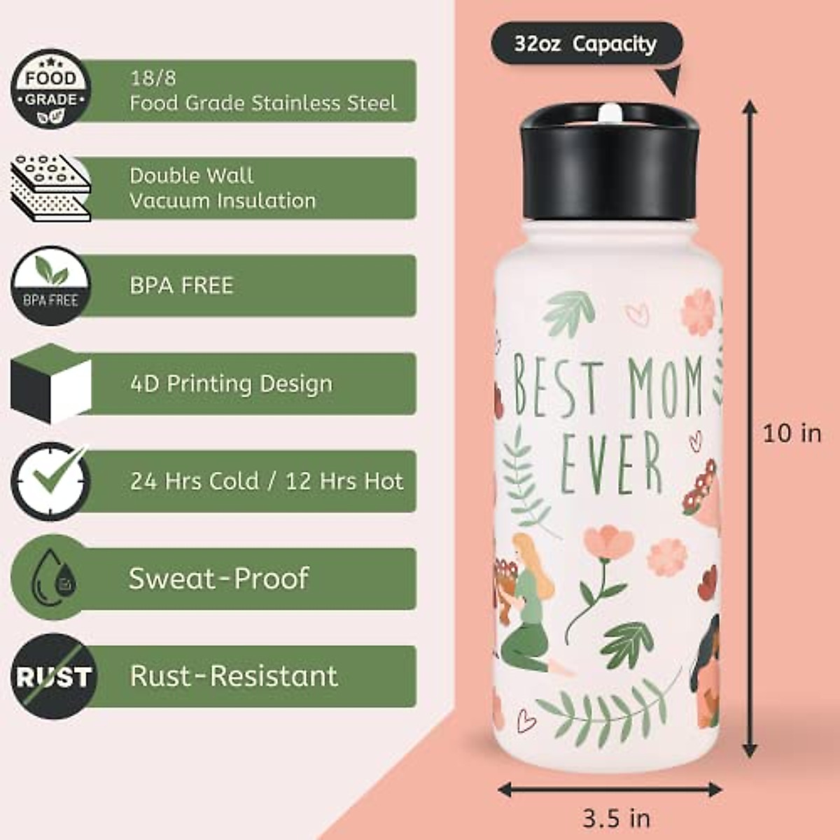 Gifts For Mom From Daughter, 32 Oz Insulated Water Bottle With Two Lids, Mom Birthday Gifts From Daughter, Birthday Gifts For Mom, Mom Gifts From Daughters, Mother Daughter Gift, Best Mom Ever Gifts