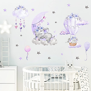 Yovkky Girls Purple Elephant Wall Decals Stickers, Moon Cloud Hot Air Balloon Flower Grey Stars Nursery Decor, Baby Shower Bedroom Decorations Toddler Kids Room Art Party Supply Gift