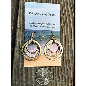 Handmade Sunrise Tricolor Dangle Earrings - Burnished Circles, Copper, Brass and Silverplated