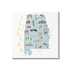 Stupell Industries Alabama Landmark Map USA Canvas Wall Art, Design by Carla Daly