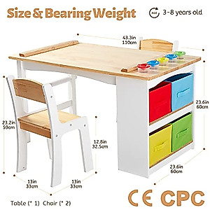 FUNLIO Wooden Kids Art Table & 2 Chairs Set (for Ages 3-8), Kids Craft Table with Large Storage & Paper Rolls, Toddler Drawing Table Solid Wood, Easy to Assemble/Clean, CPC & CE Certified