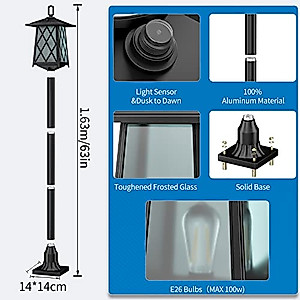 JAYNLT Outdoor Lamp Post Lights Dusk to Dawn,63 inch 100% Aluminum Hardwired Outdoor Street Light Anti-Rust, Waterproof lamp Pole Lights Outdoor with Toughened Frosted Glass for Yard, Garden, Patio