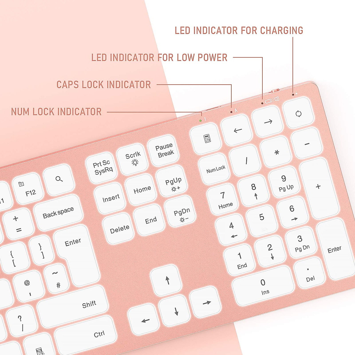 seenda Backlit Wireless Keyboard, 2.4GHz Ultra Slim Rechargeable Keyboard, Illuminated Wireless Keyboard for Computer, Laptop, Desktop, PC, Surface, Smart TV, Windows 10/8/7 (Rose Gold)