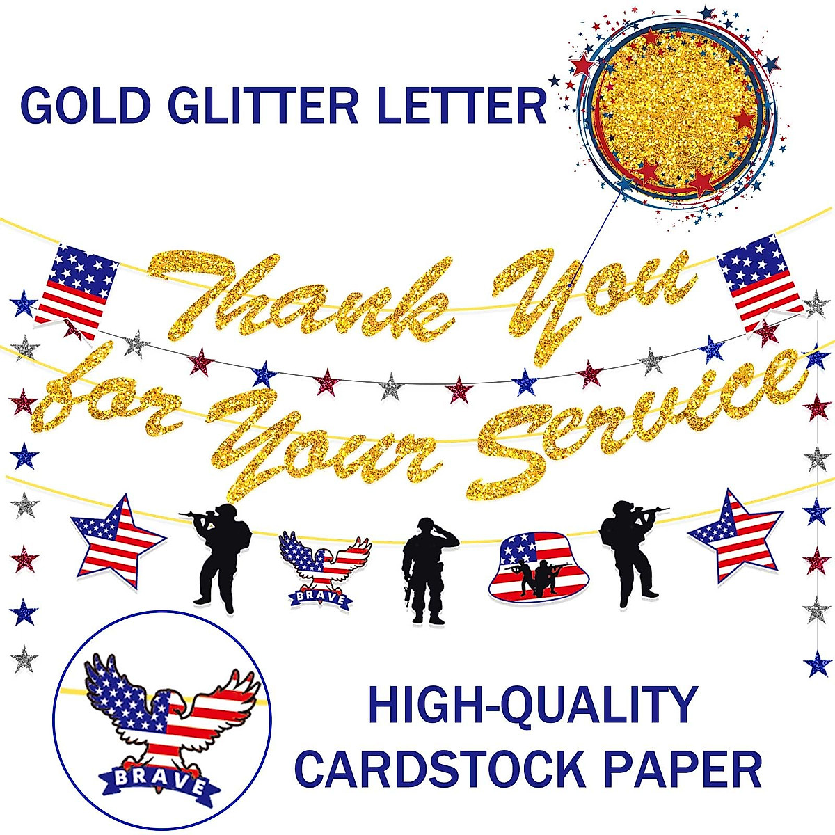 Veterans Day Banner, Veterans Day Decorations Thank You for Your Service Banner, Memorial Day Patriotic Party Military Decorations, Glitter Thankful Banner Garland Backdrop Patriotic Party Supplies