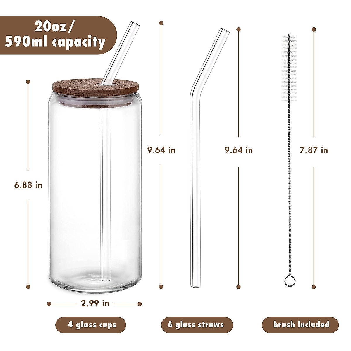 20 OZ Glass Cups with Acacia Lids and Glass Straws - 4pcs Set Beer Can Shaped Drinking Glasses, Iced Coffee Glasses, Cute Tumbler Cup for Smoothies, Juices, Boba Tea, Water - Cleaning Brush Included