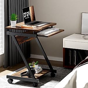 ZERDER Small Computer Desks with Power Outlet, Z-Shaped Home Office Desks for Small Space, Compact Study Desk with Keyboard Tray and Casters, Computer Workstation for Home and Office, Brown