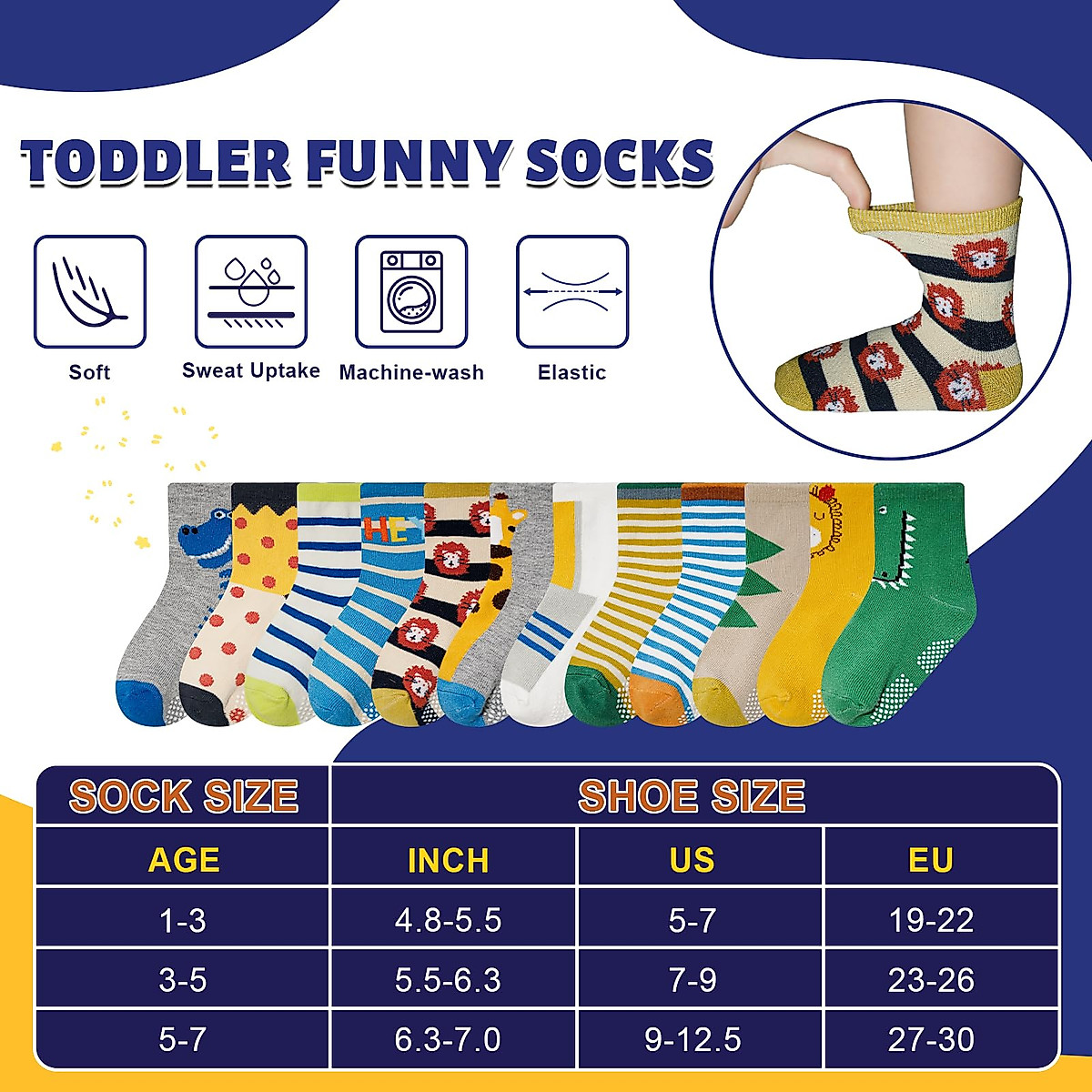 HYCLES Toddler Non-Skid Grips Socks 12 Pairs Baby Kids Sticky Slipper Cotton Crew Socks 1-3 Years Children/Boy/Girl