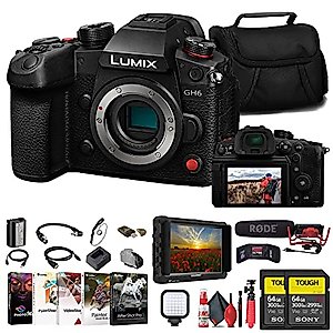 Panasonic Lumix GH6 Mirrorless Camera (DC-GH6BODY) + 4K Monitor + Rode VideoMic + Sony 64GB Tough SD Card + Card Reader + LED Light + Corel Photo Software + Case + Flex Tripod + Hand Strap + More