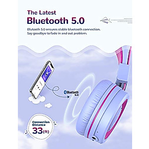 iClever BTH02 Kids Headphones, Kids Wireless Headphones with MIC, 22H Playtime, Bluetooth 5.0 & Stereo Sound, Foldable, Adjustable Headband, Childrens Headphones for iPad Tablet Home School, Purple