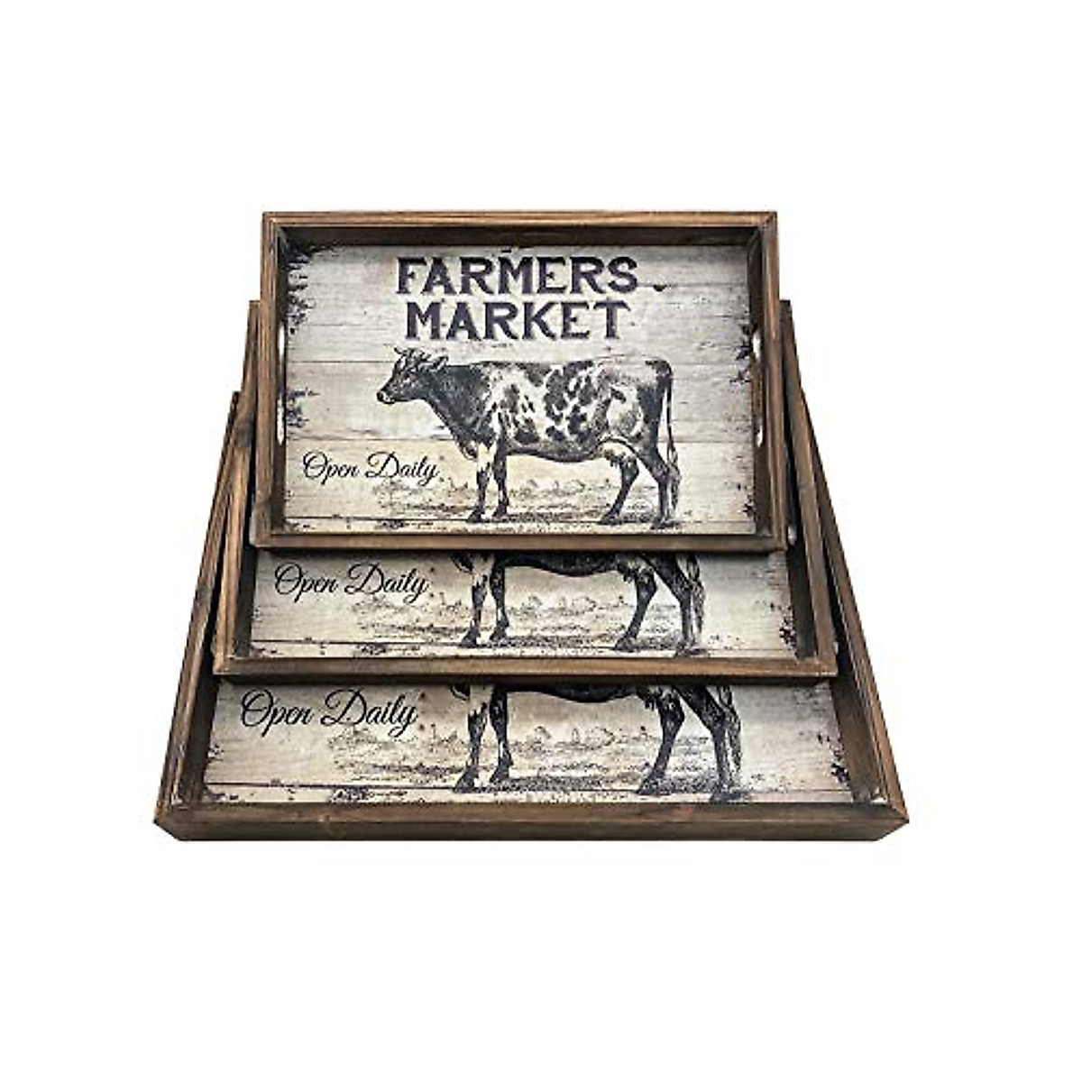 DeliDecor Large Decorative Serving Trays with Handle, Set of 3 Nesting Rustic Wooden Organizer Distressed Farmers Market Farmhouse Decor with Cow Pattern, Coffee Food Platters, Open Daily 17"x12.5"