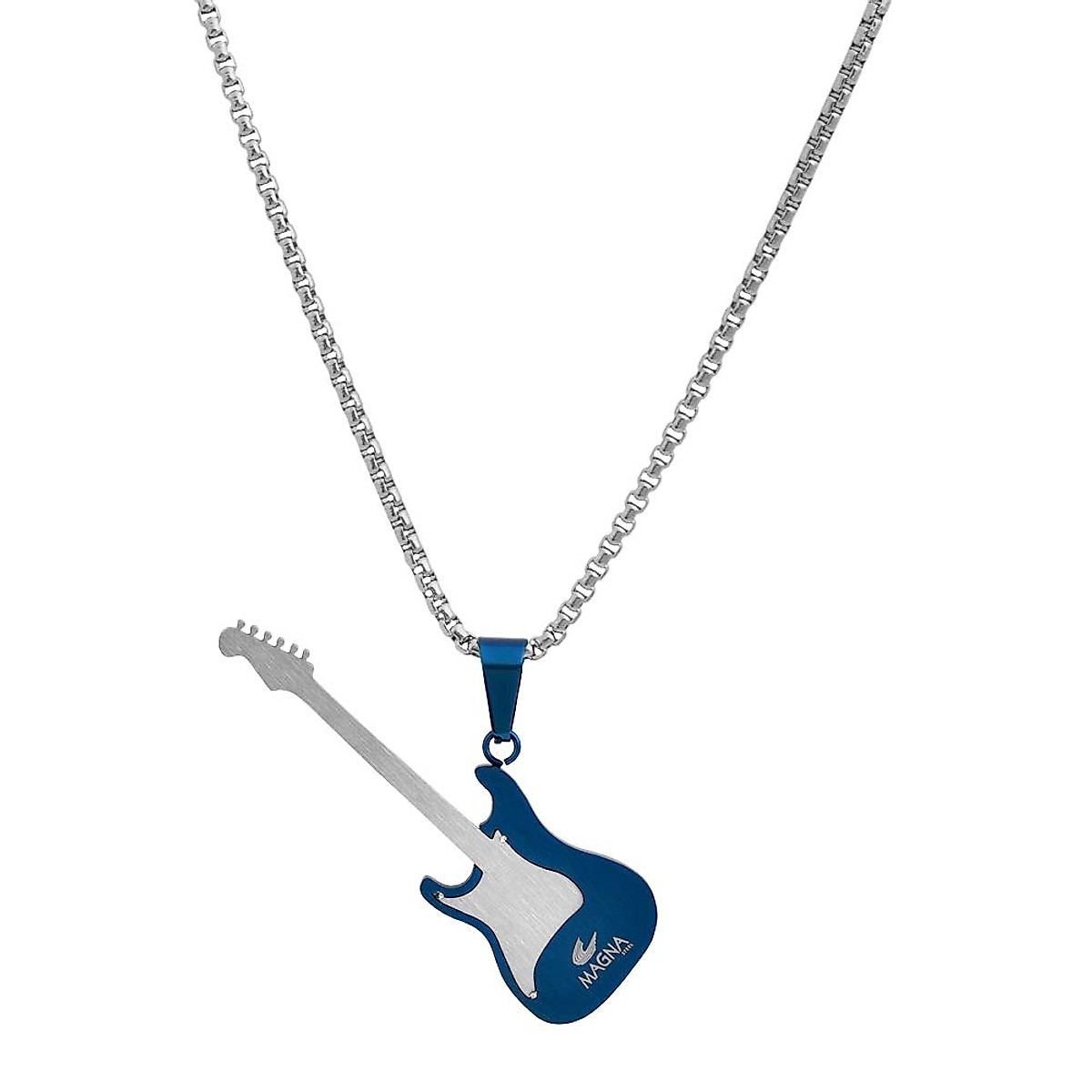 Magna Steel Men's Stainless Steel Rock Electric Guitar Bass Pendant Necklace with 24" 3mm Rolo Chain (Blue)