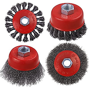 4 Pack 3&4 Inch Carbon Steel Wire Wheel Cup Brush Set, Twisted Knotted Cup Brush for Angle Grinder, 5/8 Inch-11 Threaded Arbor 0.02 Inch Carbon Steel Wire Wheel for Grinder