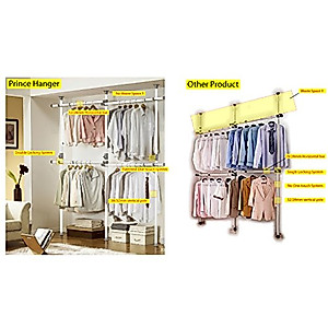 PRINCE HANGER, One Touch Double 2-tier Adjustable Garment Rack, Clothing Rack, Freestanding, Tension Rod for Hanging Clothes, Coats, Skirts, Shirts, Sweaters, portable, White, Made in Korea