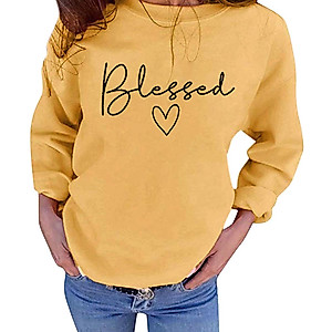 UNIQUEONE Blessed Sweatshirt for Women Letter Print Lightweight Thanksgiving Pullover Tops Blouse (Yellow, Large)