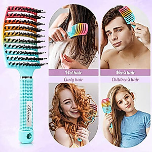 Boar Bristle Hair Brush, Curved Vented Detangler Brush Faster Blow Drying, Paddle Detangling Brush for Women Men Kids Wet Dry Long Curly Thick Straight Hair, Make Hair Shiny and Healthier(Green+Blue)