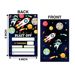Buildinest Outer Space Birthday Party Invitations with Envelopes (20-Pack), 4"x6" Planets Rocket Ship Astronaut Birthday Invitation Cards, Galaxy Blast Off Party Invites-B17