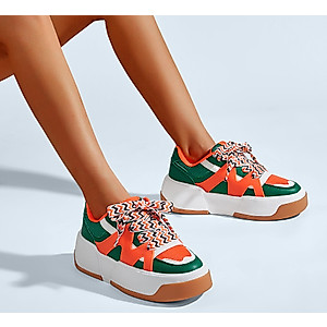 LUCKY STEP Women’s Platform Fashion Sneakers Lace up Casual Faux Leather Comfortable Thick Sole Tennis Walking Shoes (Green/Orange, 7 B(M) US)