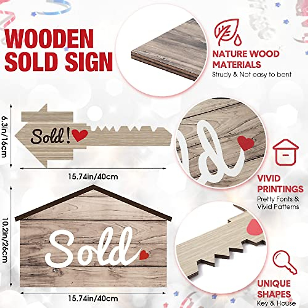 SweetMind 2 Pieces Real Estate Sold Signs, Wooden Double-Sided Social Media Photo Props, We Said Yes to the Address House Shaped and Home Sweet Home Key Shaped Wood Decor Closing Gift for Homeowner Realtor