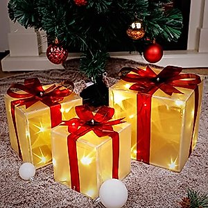Twinkle Star Set of 3 Christmas Lighted Gift Boxes, Xmas Tree Skirt Ornament, Light Up Indoor Outdoor Pathway Present Box Holiday Party Yard Decorations