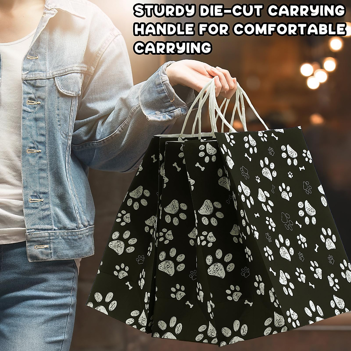 Locmeo 50 Pcs Puppy Dog Paw Print Gift Bags with Paper Twist Handles 10.6x 8.3 x 4.3 Inch Kraft Dog Treat Paper Bags Dog Paw Print Goodie Bags for Pet Treat Party Favor Birthday Gift (Black)