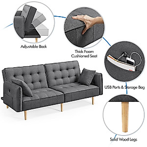 Yaheetech 78” Convertible Sofa Bed with USB Ports Sleeper Couch Futon Daybed Sofa for Living Room Adjustable Loveseat Linen Fabric, Dark Gray
