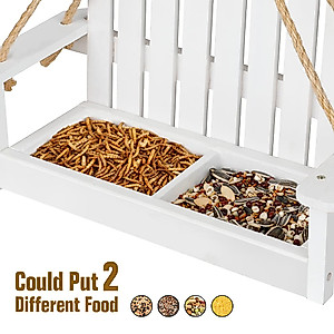 Solution4Patio White Swing Wild Bird Feeder for Outside, Metal Mesh Bottom, Cute Bench Bird Feeder or Squirrel Feeder for Yard, Porch Decoration, Large Capacity, Easy to Fill & Clean, #8455