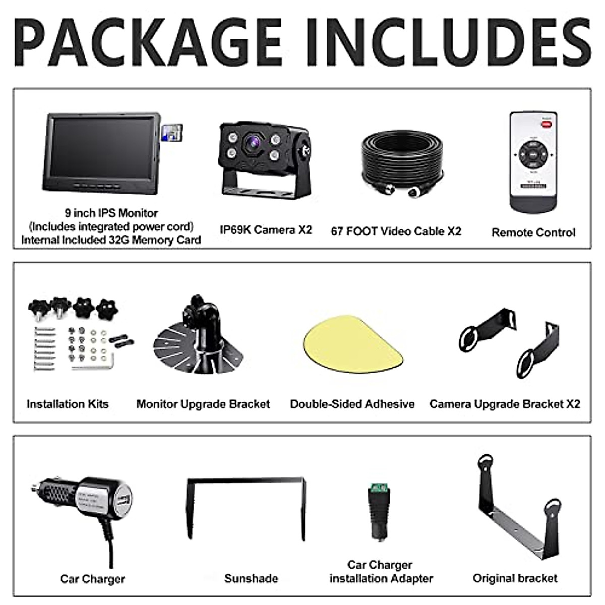 DVKNM RV Backup Camera System 9" AHD IPS Dual Split Monitor 1080P HD Rear View Camera DVR Loop Recording IP69 Waterproof Night Vision for Car RV Trailer Truck Bus Semi etc. (TH102)