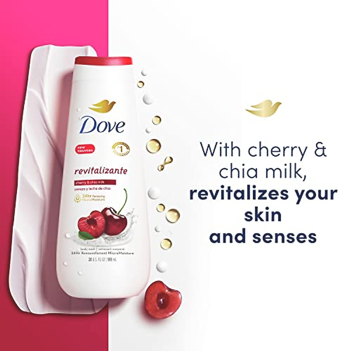 Dove Body Wash Revitalizante Cherry & Chia Milk 4 Count for Renewed, Healthy-Looking Skin Gentle Skin Cleanser with 24hr Renewing MicroMoisture 20 oz
