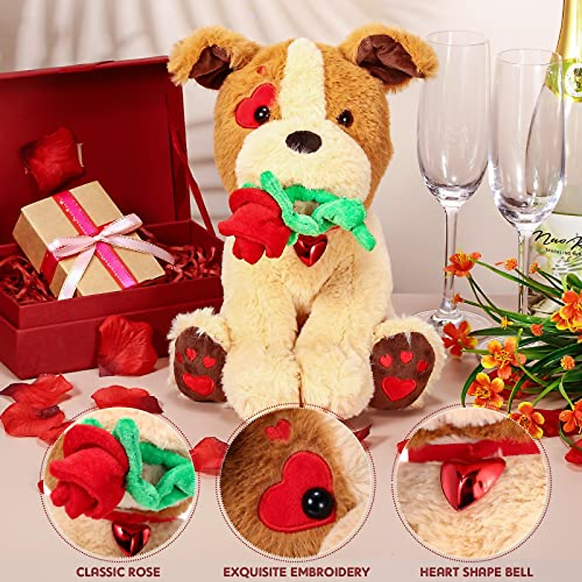 Chalyna 10 Inches Dog Plush Toy with Rose Valentine's Day Stuffed Animal with Heart Rose for Girlfriend, for Valentines Party Favor Mother's Day Birthday Festival Occasion