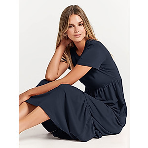 ANRABESS Women Summer Casual Short Sleeve Crewneck Aline Swing Flowy Tiered Shirt Maxi Beach Long Dress 2025 Trendy Outfits X-Large Navy Blue