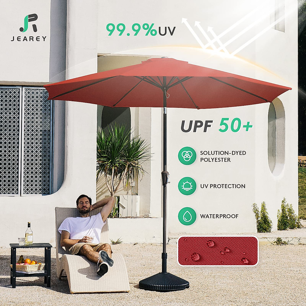 JEAREY 9FT Outdoor Patio Umbrella Outdoor Table Umbrella with Push Button Tilt and Crank, Market Umbrella 8 Sturdy Ribs UV Protection Waterproof for Garden, Deck, Backyard, Pool (Red)