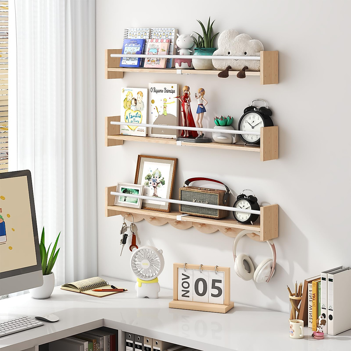 34Inch Nursery Bookshelves Wall Mounted,Wooden Floating Shelf Kids Coat Rack with 6Hooks,Hanging Shelf for Baby Nursery Room Décor, Set of 3 Burlywood