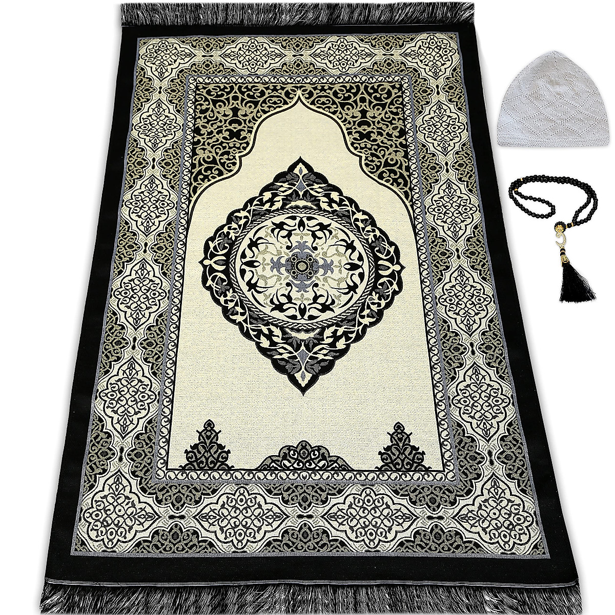 ESERRA Muslim Prayer Rug, 99 Prayer Beads and Prayer Cap Included, Prayer Mats Muslim for Praying Men, Women, and Kids, Prayer Set, Prayer Rugs Islam (Black)