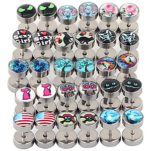 30PCS 8mm Stainless Steel SilverTapers Cheater Faux Fake Ear Plugs Gauges Stud Earrings Set By Random (mix style 15 pairs)