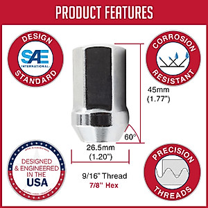 Wheel Accessories Parts 20 Pcs 9/16"-18 OEM Style Lug Nuts 0603-6433AA |611-204 | 1.66" Long Chrome 7/8" Hex Fits Dodge 2009-10 Dakota | 2003-09 Durango | 2002-10 Ram 1500