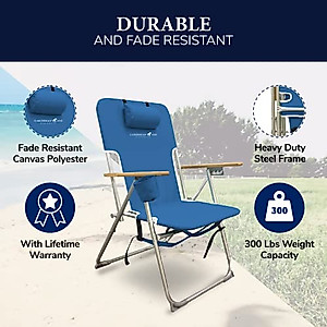 Caribbean Joe Folding Beach Chair, 4 Position Portable Backpack Foldable Camping Chair with Headrest, Cup Holder, and Wooden Armrests, Blue