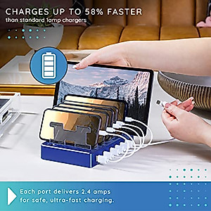 Hercules Tuff Charging Station for Multiple Devices - 6 Ports - (4) iOS Compatible, (1) USB-C & (1) Micro USB Cable for Cell Phones, Smart Phones, Tablets, and Electronics, Blue