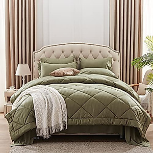NexHome Bed in a Bag Comforter Sets Queen Green All Season Down Alternative Comforter Soft Microfiber Dobby Stripe 7 Pieces-1 Comforter 2 Pillow Shams 2 Pillowcases 1 Flat Sheet 1 Fitted Sheet